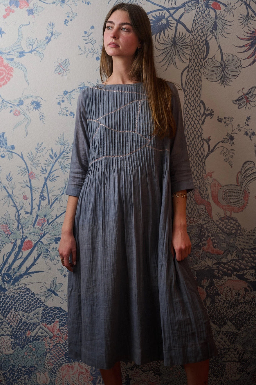 Alma Pintucked Dress - Slate Blue – Koraa